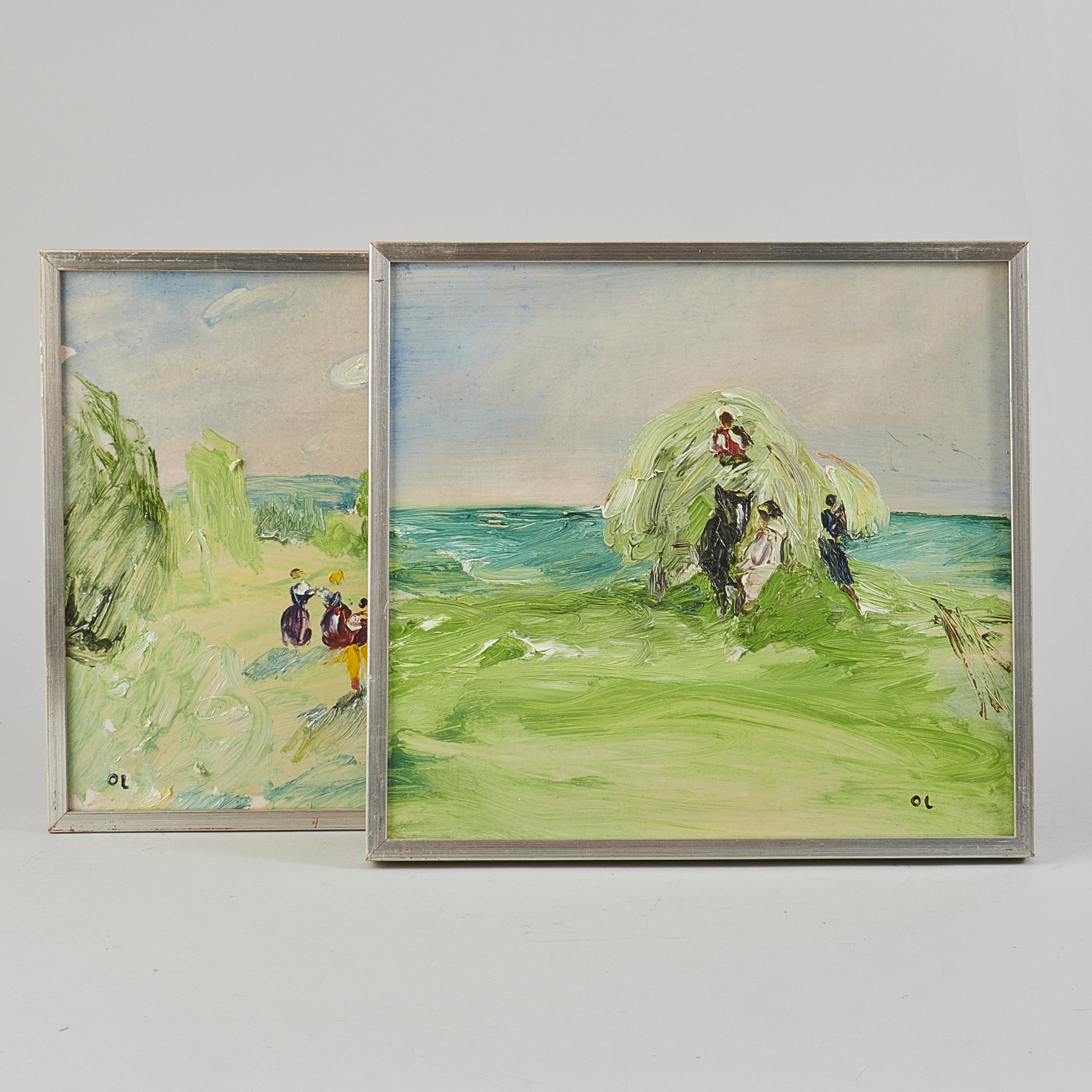 Oljemålningar, 2 st, Olle Lindgren (1930-2018), Sverige. "Slåtter" samt "Vid Voxna Herrgård ...